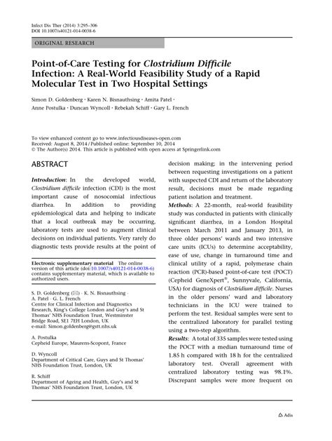 Pdf Point Of Care Testing For Clostridium Difficile Infection A Real