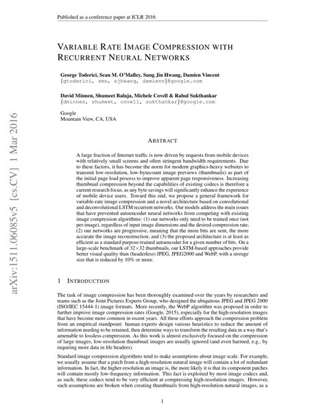 Pdf Variable Rate Image Compression With Recurrent Neural Networks