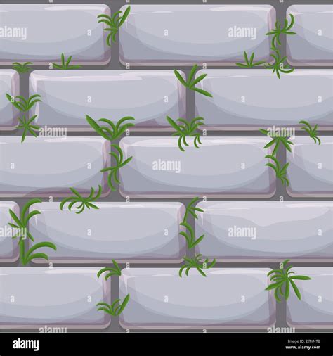 Stone Wall From Bricks Rock Wall With Grass Game Background In Cartoon Style Seamless Textured