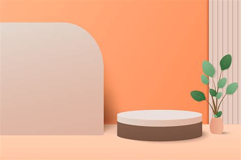 기하학적 형태의 최소 장면입니다 기둥에 종이 잎크림 배경의 실린더 연단 화장품 쇼케이스 숍프론트 디스플레이 케이스를 보여주는 장면 3d 벡터 그림입니다 0명에 대한 스톡