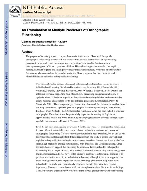 Pdf An Examination Of Multiple Predictors Of Orthographic Functioning
