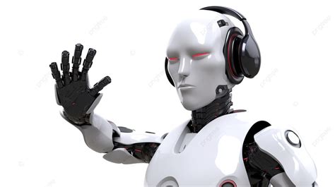 사이보그 또는 제기 손 제스처를 보여주는 헤드셋을 갖춘 로봇의 격리 된 흰색 배경 3d 렌더링 인간형 3d 로봇 사이보그 배경 일러스트 및 사진 무료 다운로드