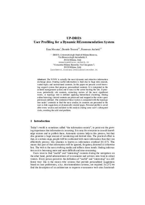 Pdf Up Dres User Profiling For A Dynamic Recommendation System