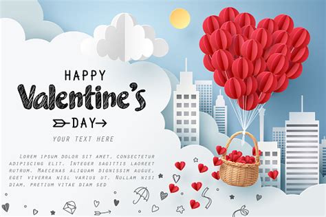 빨간 풍선의 그룹의 종이 예술 결합 한다면 사랑 아이콘 및 복사 공간 종이 접기 행복 한 발렌타인의 날 개념와 심장 모양 구름에 대한 스톡 벡터 아트 및 기타 이미지