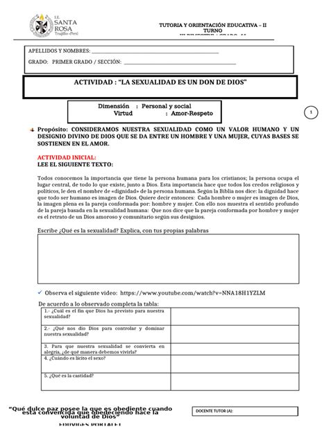 Actividad Tutoria La Sexualidad Como Don De Dios Pdf Amor La
