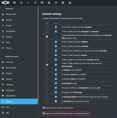 Use The Default Activity Settings For All Users And Prevent The User