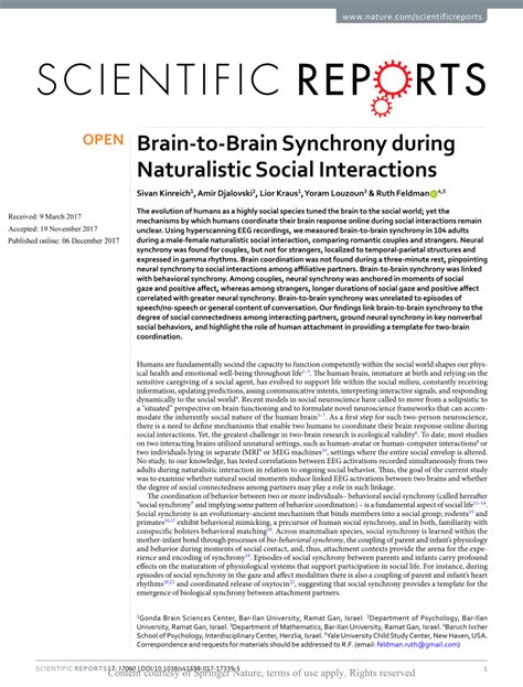 Pdf Brain To Brain Synchrony During Naturalistic Social Interactions