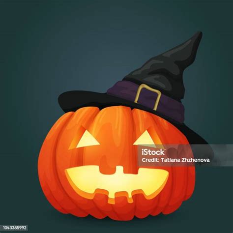 잘 익은 오렌지 타원형 호박 검은 마녀 모자 안쪽에서 조명 할로윈 벡터 아이콘입니다 불타는 듯한에 대한 스톡 벡터 아트 및 기타 이미지 불타는 듯한 어두운 색 호박