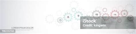 인포그래픽 요소와 플랫 아이콘이 있는 정보 기술 톱니바퀴 및 기어 휠 메커니즘 하이테크 디지털 기술 및 엔지니어링 추상적 인 기술적 배경 0명에 대한 스톡 벡터 아트 및