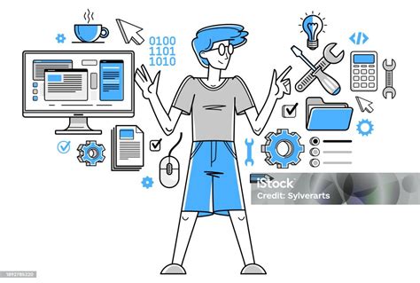 Technician Computer Engineer Repairing Pc Vector Outline Illustration Fixing System Work With