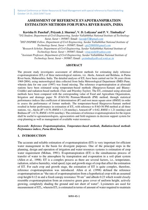 Pdf Assessment Of Reference Evapotranspiration Estimation Methods For Purna River Basin India