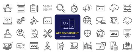 라인 스타일의 웹 아이콘 집합입니다 웹 및 모바일 앱용 개발자 아이콘입니다 코드 Api 프로그래머 코딩 앱 흐름 노드 연결 웹