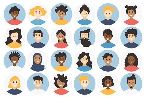 사람들 아바타 라운드 아이콘 세트 소셜 네트워크 및 응용 프로그램에 대한 다양한 얼굴 프로필 벡터 추상 그림 원형에 대한 스톡