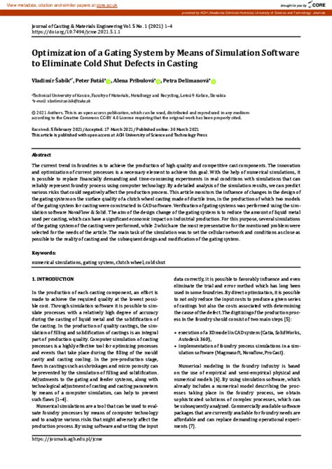 Pdf Optimization Of A Gating System By Means Of Simulation Software