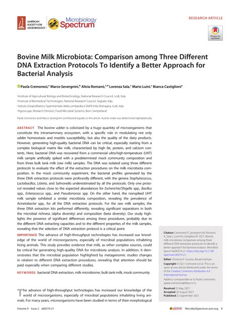 Pdf Bovine Milk Microbiota Comparison Among Three Different Dna Extraction Protocols To
