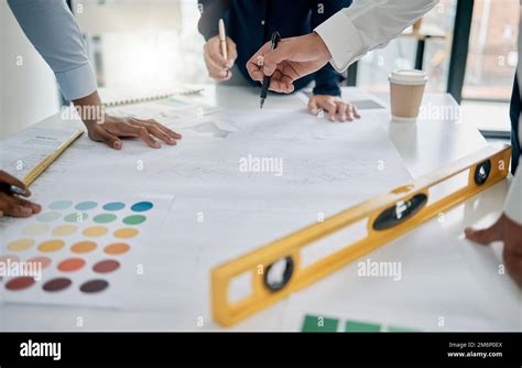 Hands Building Blueprint And Architect Teamwork Planning Construction Project And Discussion