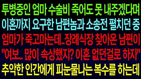 【사연열차①】투병중인 엄마 수술비 죽어도 못 준다며 이혼까지 요구한 남편과 소송 하던 중 엄마가 죽고 마는데 여보 이혼 없던걸로 하자 피눈물나는 복수를 시작하는데
