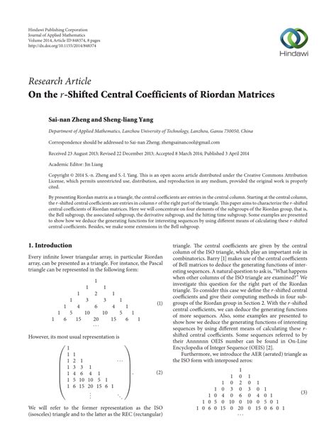 Pdf On The Shifted Central Coefficients Of Riordan Matrices
