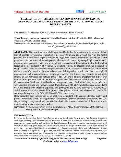Pdf Evaluation Of Herbal Formulation Capsule Containing Ashwagandha As A Single Herb With