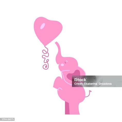 풍선 모양의 마음을 잡는 재미있는 코끼리 인사말 카드 인쇄발렌타인데이 배경 격리된 평면 일러스트레이션입니다 코끼리에 대한 스톡 벡터 아트 및 기타 이미지 Istock