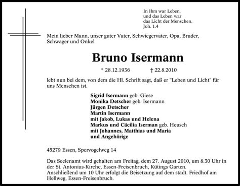 Traueranzeigen Von Bruno Isermann Trauer In Nrw De