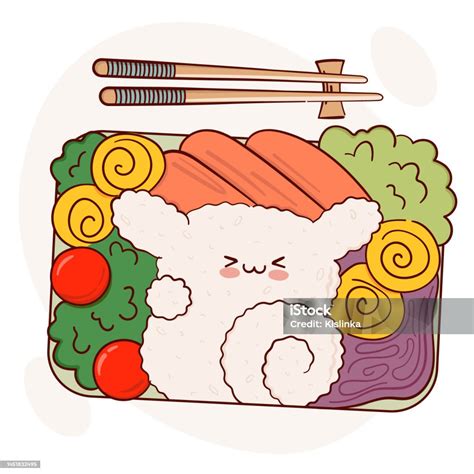 재미있는 Kawaii 도시락 상자 가정 요리 테이크 아웃 식사 준비 벡터 그림을 그립니다 일본 아시아 전통 음식 요리 메뉴 개념