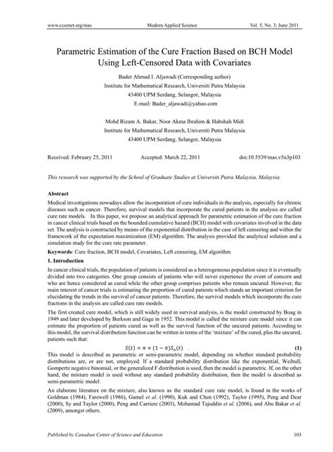 Pdf Parametric Estimation Of The Cure Fraction Based On Bch Model