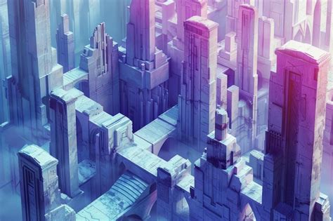 Ancient Greek Inspired Geometric Pattern Cityscape In Purple And Blue Hues Use Geometric