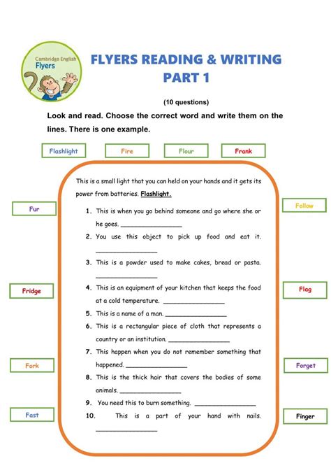 Flyers Reading And Writing Part 1 2 Worksheet Esl Reading Comprehension