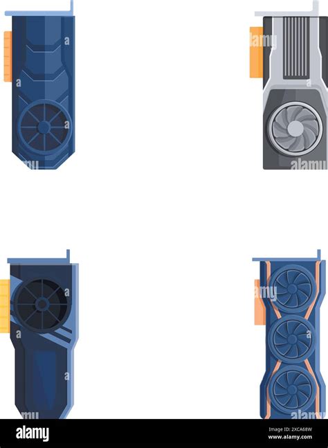 Graphic Card Icons Set Cartoon Vector Computer Graphic Card With Cooling Fan Personal Computer