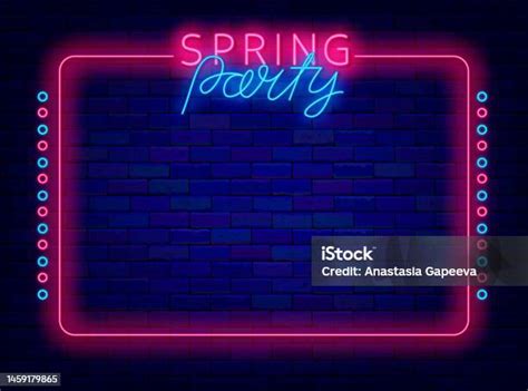 봄 파티 네온 프레임입니다 시즌 이벤트 나이트 클럽 빛나는 광고 공간을 복사합니다 밝은 전단지 벡터 스톡 일러스트 0명에 대한 스톡 벡터 아트 및 기타 이미지 Istock