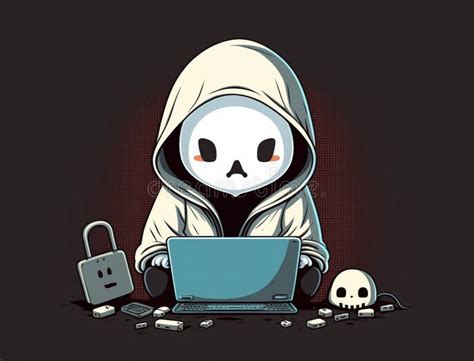 cute anonymous hacker with white hoodie using computer laptop concept