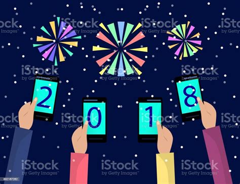 인사말 카드 디자인에 대 한 불꽃놀이 함께 크리스마스와 새 해 휴일 축 하의 개념 손 들고 휴대 전화입니다 평면 그림입니다 12월에 대한 스톡 벡터 아트 및 기타 이미지