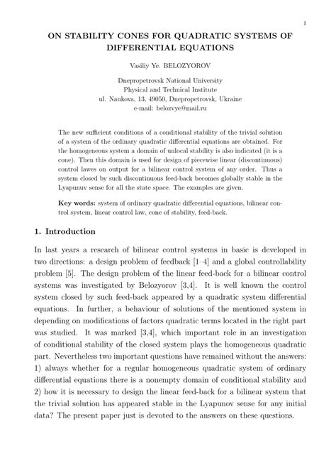 PDF On Stability Cones For Quadratic Systems Of Differential Equations