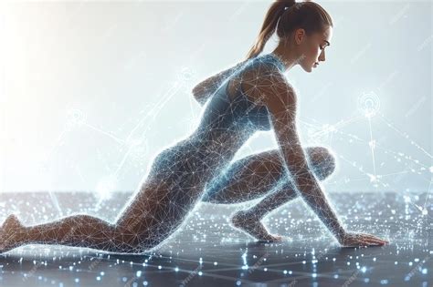 Woman In A Dynamic Yoga Pose With A Digital Overlay Of Neural Connections Symbolizing The