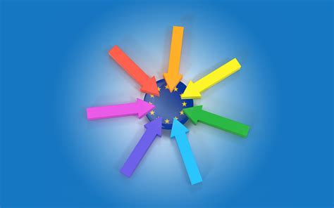 유럽 연합 국기는 파란색 배경에 대한 3d Mukti 컬러 비즈니스 차트 화살표 기호에 의해 지적된다 0명에 대한 스톡 사진 및