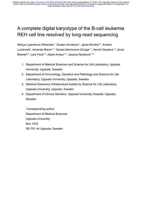 Pdf A Complete Digital Karyotype Of The B Cell Leukemia Reh Cell Line Resolved By Long Read