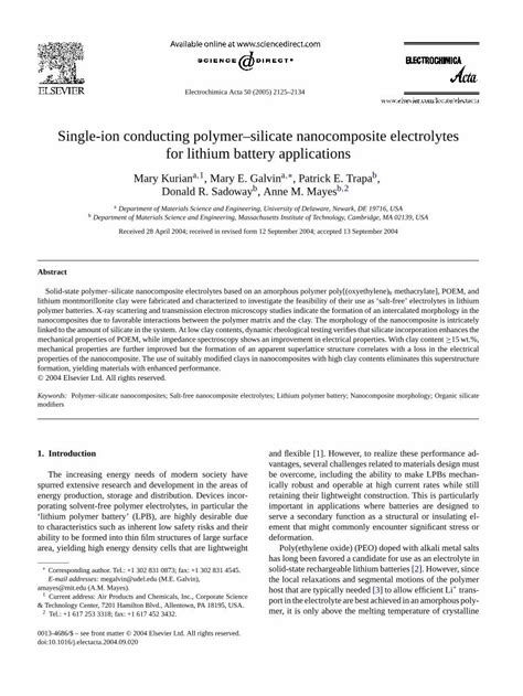 Pdf Single Ion Conducting Polymersilicate Nanocomposite Electrolytes