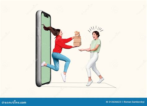 Creative Photo Collage Shipment Service Delivery Smartphone Internet App Young Two Girls