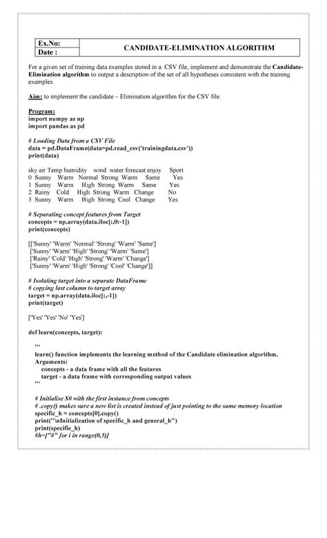 Machine Learning Lab Manual Ex Candidate Elimination Algorithm Date For A Given Set Of