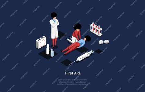 응급 처치 개념 캐릭터는 부상당한 인간의 응급 처치 케이스 및 주사기 캐릭터에 응급 처치를 제공합니다 Cpr 및 심장 마사지