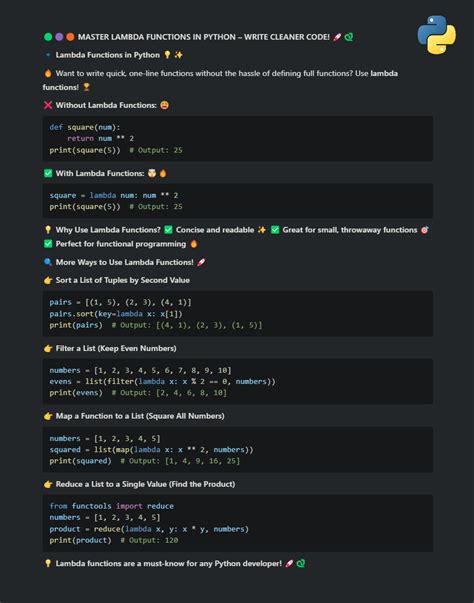 🟢🟣🟠 Master Lambda Functions In Python Write Cleaner Code 🚀🐍 In 2025