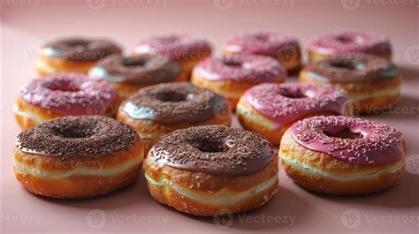 A Close Up Shot Of A Dozen Assorted Donuts With Various Toppings