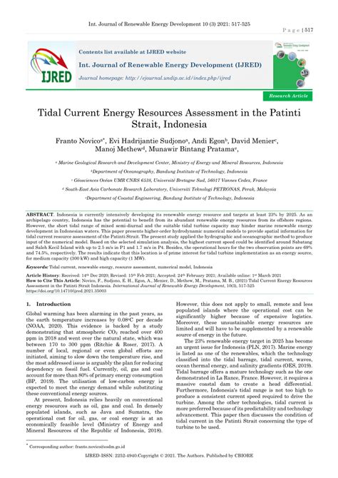 Pdf Tidal Current Energy Resources Assessment In The Patinti Strait Indonesia