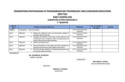 Css Dll Week Daily Lesson Log EDUKASYONG PANTAHANAN AT PANGKABUHAYAN TECHNOLOGY AND