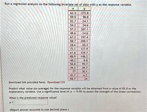 solved run a regression analysis on the following bivariate set of data with y as the response