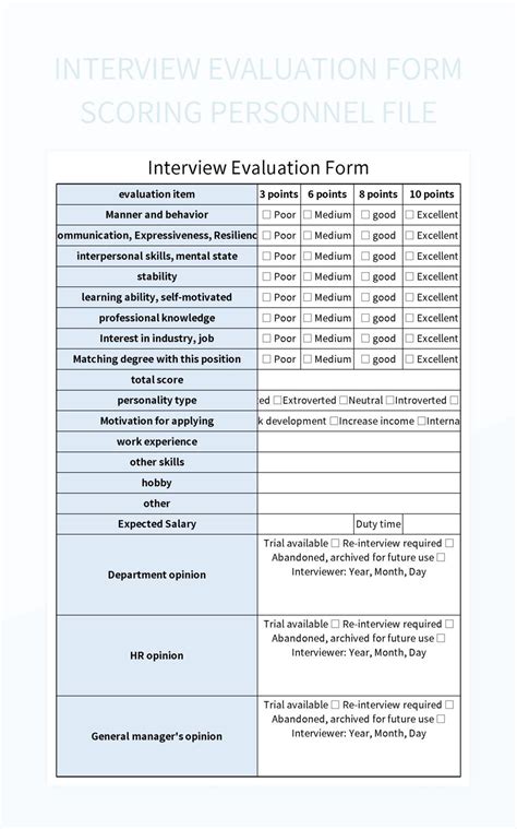 Interview Evaluation Form Scoring Personnel File Excel Template And Google Sheets File For Free