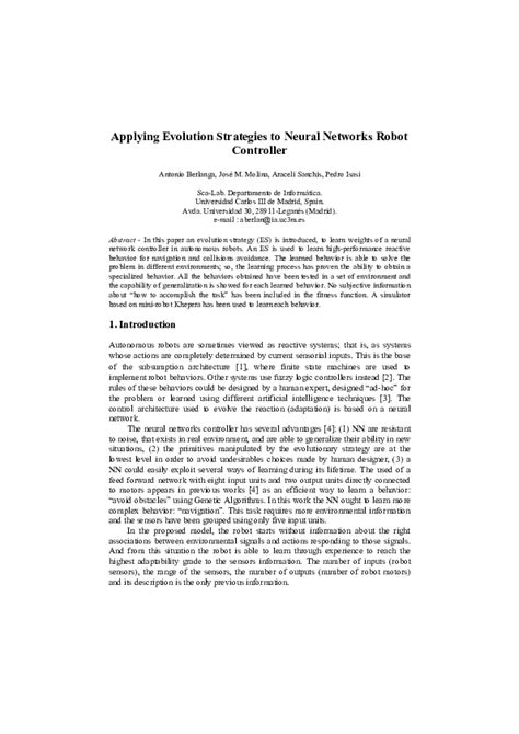 Pdf Applying Evolution Strategies To Neural Networks Robot Controller