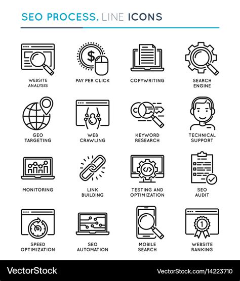 Seo Search Engine Optimization Process Thin Line Vector Image