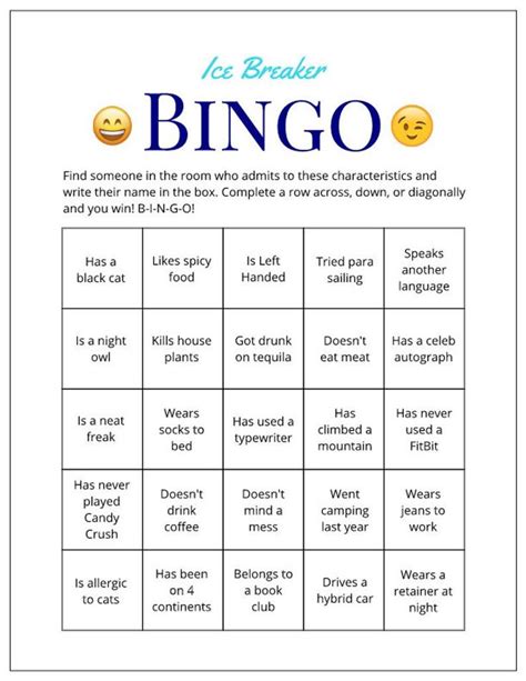 Printable Color Ice Breaker Game Human Bingo Cards